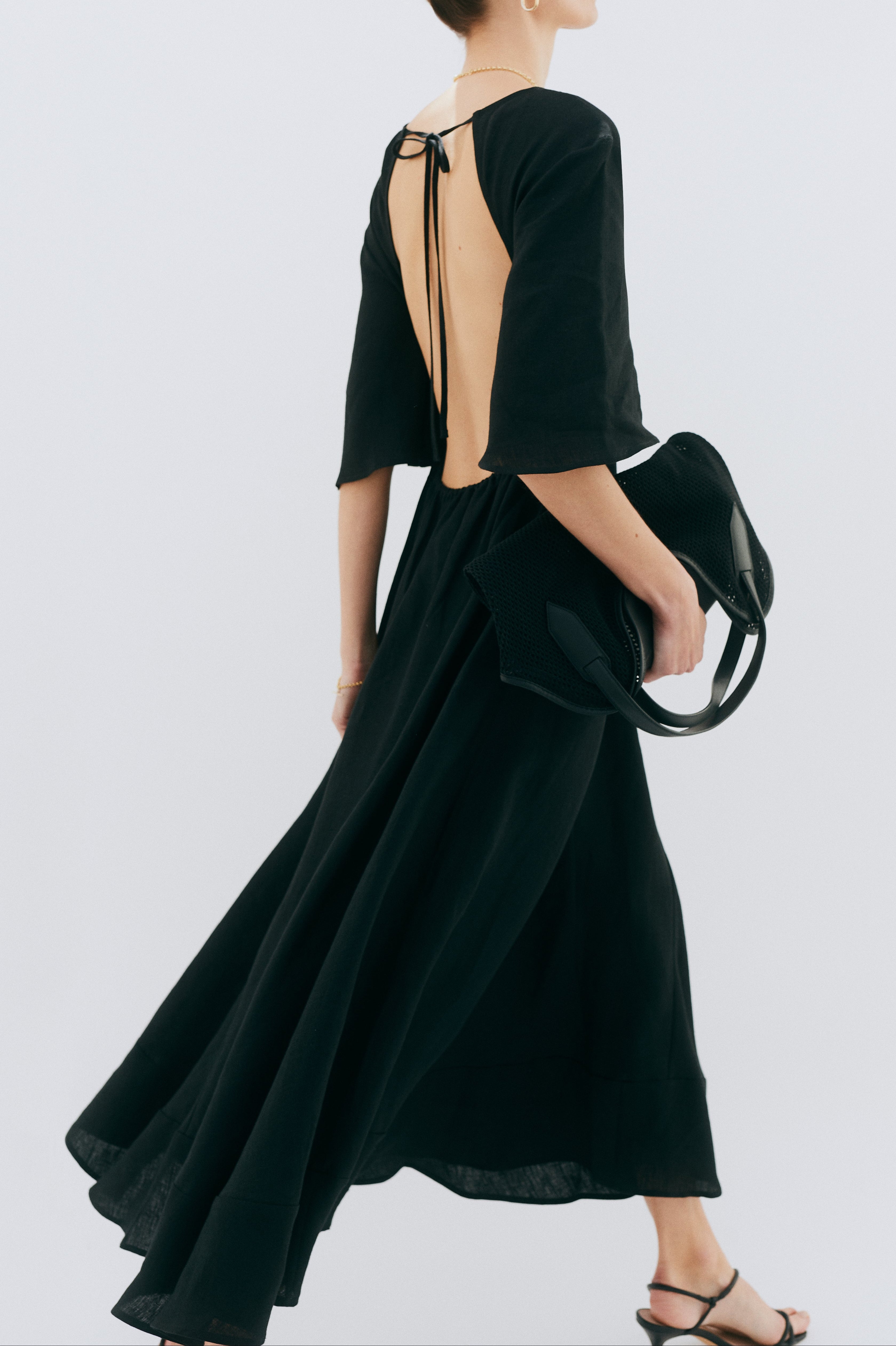 Open Back Black Linen Floaty Dress | Laura Pitharas