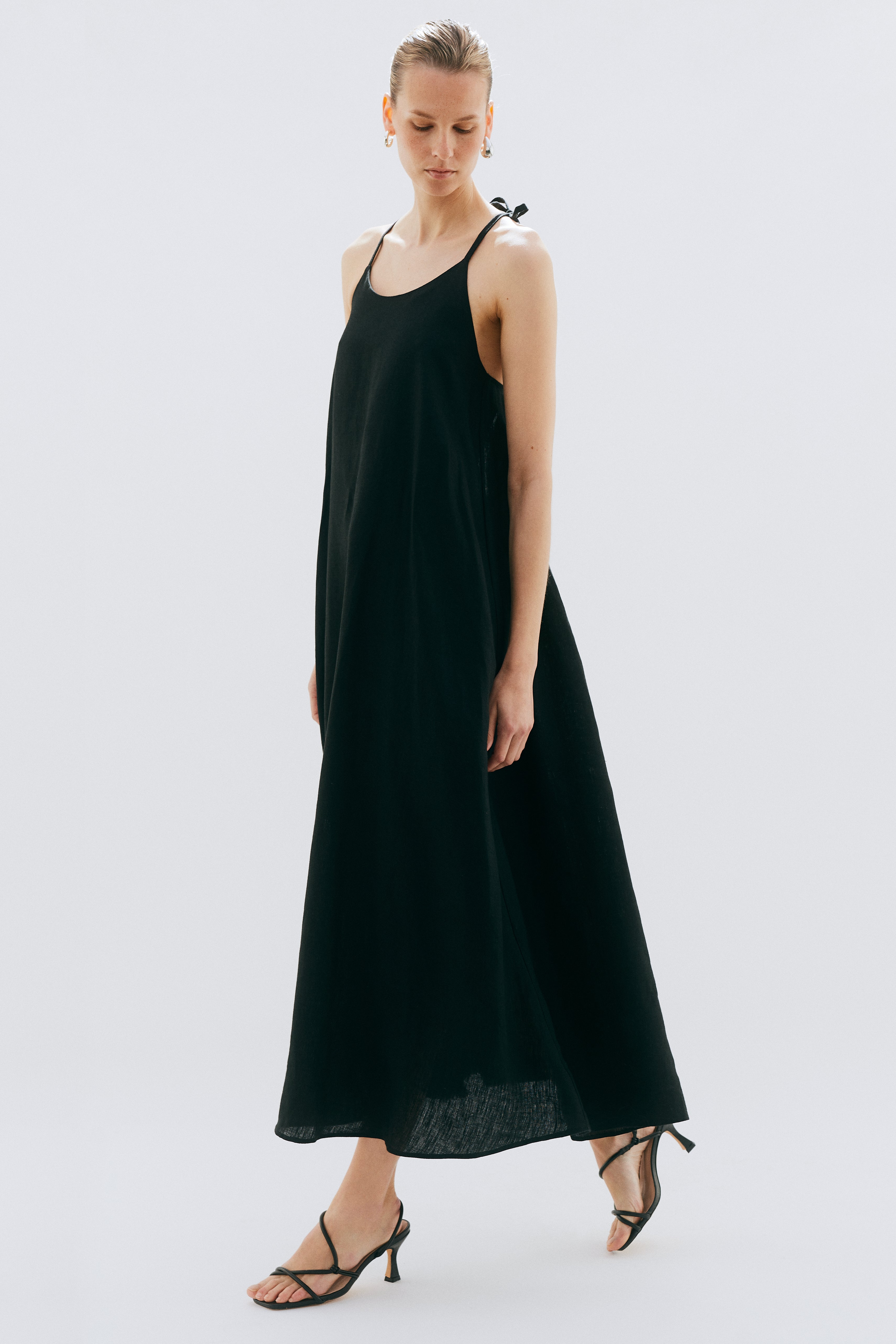 Open Back Strap Slip Black Floaty Dress | Laura Pitharas